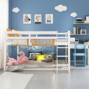 Bonnlo Low Loft Bed Full Size with Inclined Stairs, Junior Loft Bed with High Guard Rail for Kids/Young Teens/Adults, Solid Wood Low Bunk Bed Full Size White, 2 Center Beams, No Box Spring Required