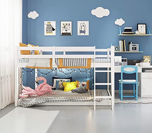 Bonnlo Low Loft Bed Full Size with Inclined Stairs, Junior Loft Bed with High Guard Rail for Kids/Young Teens/Adults, Solid Wood Low Bunk Bed Full Size White, 2 Center Beams, No Box Spring Required