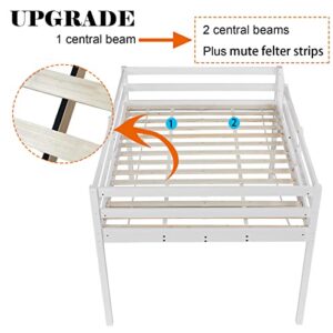 Bonnlo Low Loft Bed Full Size with Inclined Stairs, Junior Loft Bed with High Guard Rail for Kids/Young Teens/Adults, Solid Wood Low Bunk Bed Full Size White, 2 Center Beams, No Box Spring Required