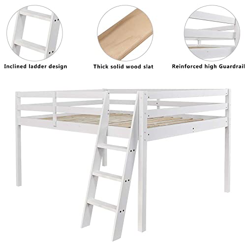 Bonnlo Low Loft Bed Full Size with Inclined Stairs, Junior Loft Bed with High Guard Rail for Kids/Young Teens/Adults, Solid Wood Low Bunk Bed Full Size White, 2 Center Beams, No Box Spring Required