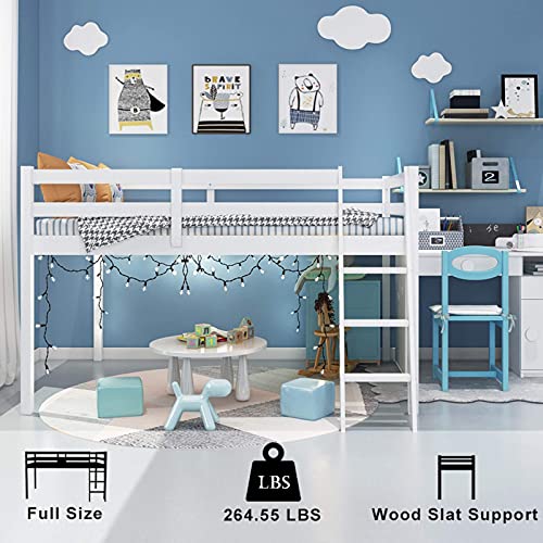 Bonnlo Low Loft Bed Full Size with Inclined Stairs, Junior Loft Bed with High Guard Rail for Kids/Young Teens/Adults, Solid Wood Low Bunk Bed Full Size White, 2 Center Beams, No Box Spring Required