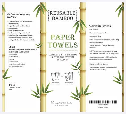 Electy Reusable Paper Towels – 20 Bamboo Paper Towels with 2 Wash and Storage Bags, 6 Month Supply, Zero Waste! Heavy Duty - Eco Friendly Paper Towels - Paperless Paper Towels