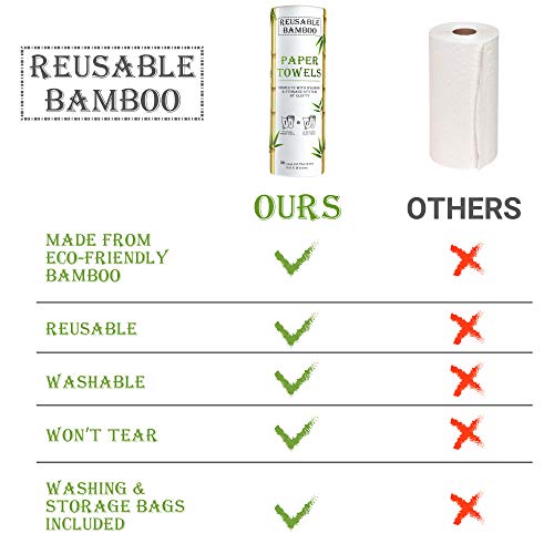 Electy Reusable Paper Towels – 20 Bamboo Paper Towels with 2 Wash and Storage Bags, 6 Month Supply, Zero Waste! Heavy Duty - Eco Friendly Paper Towels - Paperless Paper Towels