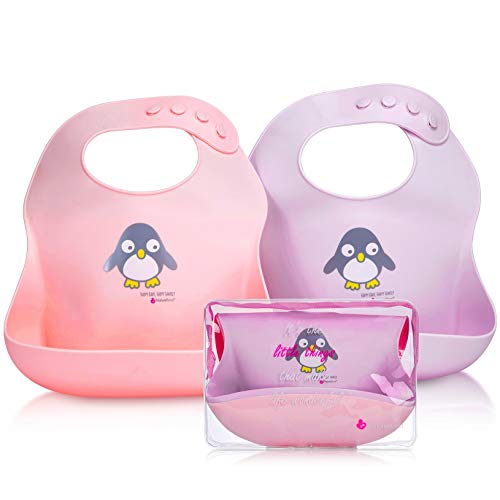 NatureBond Cute Silicone Bibs for Babies, 2-pack with Waterproof Bib Pouch (Pink & Lavender) Quirky Bibs, Baby Bibs, Baby Girl Gift.