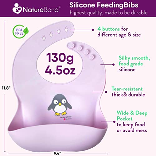 NatureBond Cute Silicone Bibs for Babies, 2-pack with Waterproof Bib Pouch (Pink & Lavender) Quirky Bibs, Baby Bibs, Baby Girl Gift.