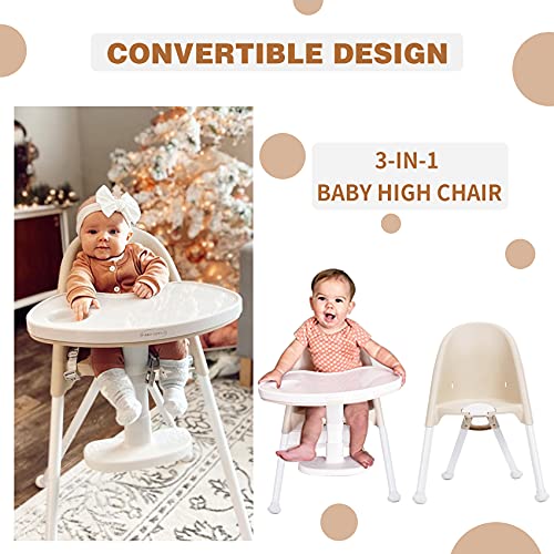 FUNNY SUPPLY 3-in-1 Cute Folding High Chair, Perfect Modern Space Saving Highchair with Detachable Double Tray, 3-Point Harness, Cream Color