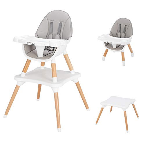 JOYMOR 5-in-1 Baby High Chair for Infants to Toddler, 4-Position Adjustable Wooden Eating Highchair with Leather Seat Cushion, Convertible Kids Table and Chair Set