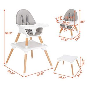 JOYMOR 5-in-1 Baby High Chair for Infants to Toddler, 4-Position Adjustable Wooden Eating Highchair with Leather Seat Cushion, Convertible Kids Table and Chair Set