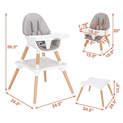 JOYMOR 5-in-1 Baby High Chair for Infants to Toddler, 4-Position Adjustable Wooden Eating Highchair with Leather Seat Cushion, Convertible Kids Table and Chair Set