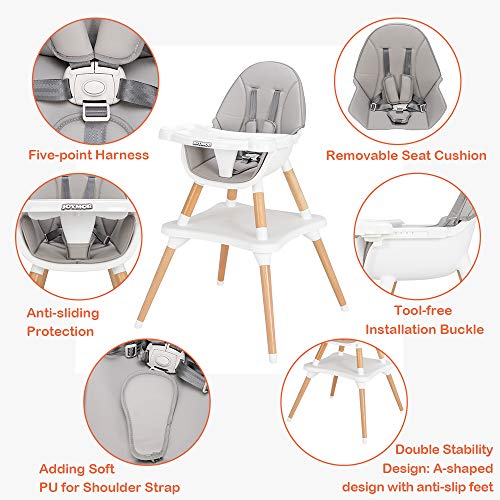 JOYMOR 5-in-1 Baby High Chair for Infants to Toddler, 4-Position Adjustable Wooden Eating Highchair with Leather Seat Cushion, Convertible Kids Table and Chair Set