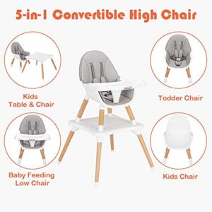 JOYMOR 5-in-1 Baby High Chair for Infants to Toddler, 4-Position Adjustable Wooden Eating Highchair with Leather Seat Cushion, Convertible Kids Table and Chair Set