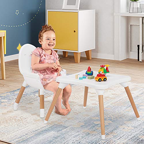 JOYMOR 5-in-1 Baby High Chair for Infants to Toddler, 4-Position Adjustable Wooden Eating Highchair with Leather Seat Cushion, Convertible Kids Table and Chair Set