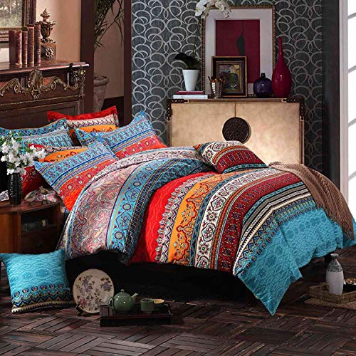 Nanko Queen Duvet Cover Set Boho Red Blue Colorful Retro Striped Print 3pc 90 x 90 Luxury Soft Microfiber Down Comforter Quilt Bedding Cover with Zipper Ties - Bohemian Exotic Style for Men and Women