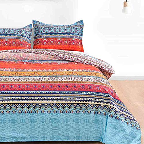 Nanko Queen Duvet Cover Set Boho Red Blue Colorful Retro Striped Print 3pc 90 x 90 Luxury Soft Microfiber Down Comforter Quilt Bedding Cover with Zipper Ties - Bohemian Exotic Style for Men and Women