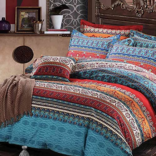 Nanko Queen Duvet Cover Set Boho Red Blue Colorful Retro Striped Print 3pc 90 x 90 Luxury Soft Microfiber Down Comforter Quilt Bedding Cover with Zipper Ties - Bohemian Exotic Style for Men and Women