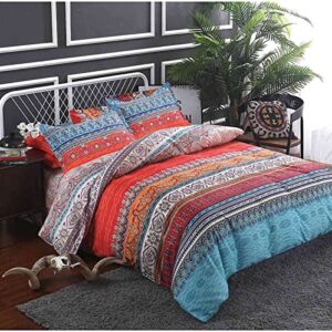 Nanko Queen Duvet Cover Set Boho Red Blue Colorful Retro Striped Print 3pc 90 x 90 Luxury Soft Microfiber Down Comforter Quilt Bedding Cover with Zipper Ties - Bohemian Exotic Style for Men and Women