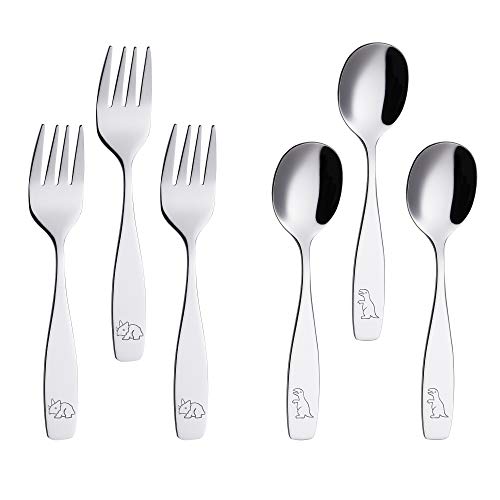 ANNOVA Children's Flatware 6 Pieces Set - Stainless Steel Silverware 3 x Safe Forks, 3 x Dinner Spoons - Kids Toddler Utensils Lunch Box (Engraved Dinosaurs T-Rex, Triceratops)