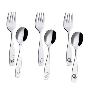 annova kids silverware 6 pieces children's safe flatware set stainless steel - 3 x children forks, 3 x dinner spoon, toddler utensils, for lunchbox (safari animals etched elephant, giraffe, lion)