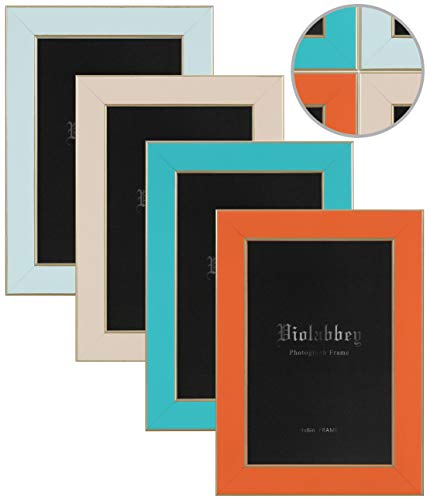 VIOLABBEY 4x6 Picture Frames Set of 4, Colorful Photo Frame of Modern Style, High Definition Tempered Real Glass, Wall Mounted or Tabletop Display (Blue+Light Blue+Orange+Apricot)