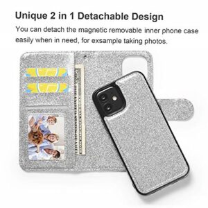 QLTYPRI Case for iPhone 12 Mini Premium PU Leather Rubber Silicone Bumper Card Holder Magnetic Detachable Wallet Case Cover for iPhone 12 Mini (5.4 inch) - Silver