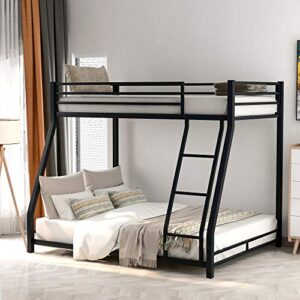 low bunk beds twin over full size with sloping stair, heavy duty bed frame with safety guard rails for kids teens adults, no box spring needed (black)