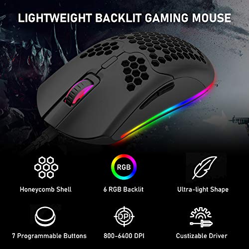 60% Mechanical Gaming Keyboard Blue Switch Mini 68 Keys Wired Type C 18 Backlit Effects,Lightweight RGB 6400DPI Honeycomb Optical Mouse,Gaming Mouse pad for Gamers and Typists (Black)