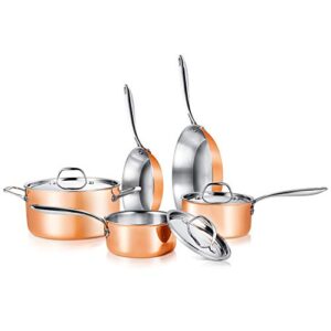 nutrichef 8 pcs. stainless steel kitchenware pots & pans set stylish kitchen cookware w/cast ss handle, tri-ply authentic copper, for saucepan, casserole, frying pan, lids nccw8ss, white silver