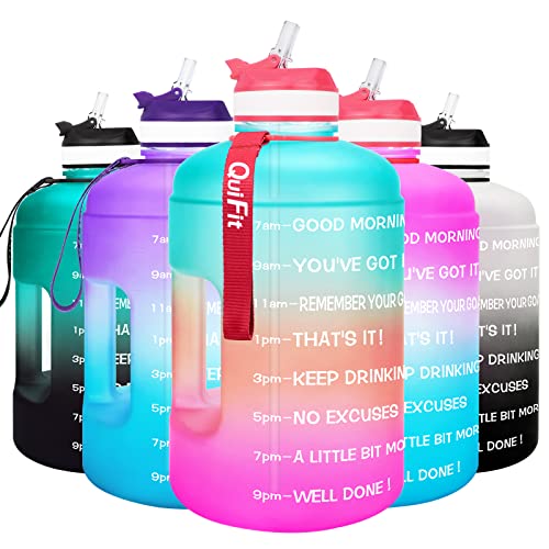 QuiFit Motivational Gallon Water Bottle - with Straw & Time Marker BPA Free Large Reusable Sport Water Jug with Handle for Fitness Outdoor Enthusiasts Leak-Proof (Green/Pink,1 gallon)