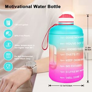 QuiFit Motivational Gallon Water Bottle - with Straw & Time Marker BPA Free Large Reusable Sport Water Jug with Handle for Fitness Outdoor Enthusiasts Leak-Proof (Green/Pink,1 gallon)