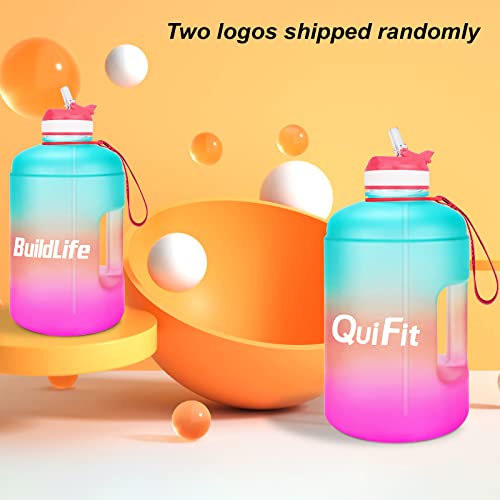 QuiFit Motivational Gallon Water Bottle - with Straw & Time Marker BPA Free Large Reusable Sport Water Jug with Handle for Fitness Outdoor Enthusiasts Leak-Proof (Green/Pink,1 gallon)