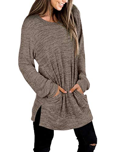 Womens Sweatshirts Loose Fitting Tops Fall Fashion Long Sleeve Tunic Pocket Coffee XL