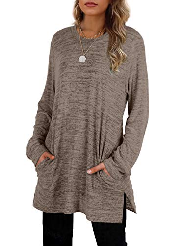 Womens Sweatshirts Loose Fitting Tops Fall Fashion Long Sleeve Tunic Pocket Coffee XL