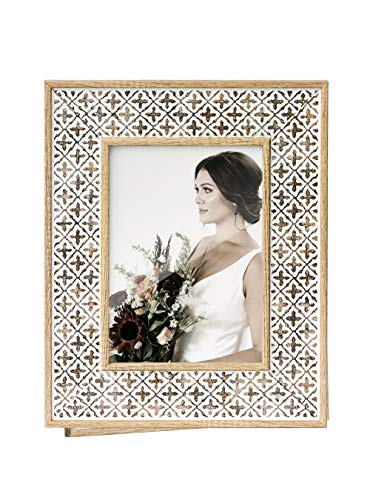 Afuly 5x7 Picture Frame Distressed Moroccan Relief Boho Picture Frames Shabby Chic Oak 3D Cross Pattern, Wood Photo Frames for Wall and Tabletop, Wedding Birthday Gifts for Mom Family Friends