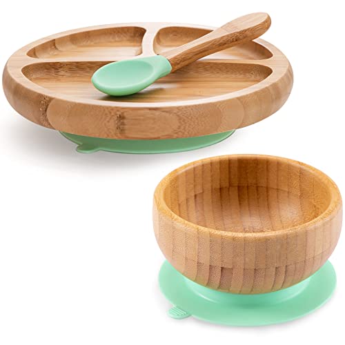 Baby Bamboo Suction Plate, Bowl and Spoon set - Wooden Feeding Set for Toddler 1-3 Year Old - Silicone Suction Sticks to Most High Chairs for Non Slip & Silicone Spoon Tips with Wood Handle - BPA Free