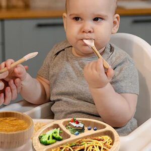 Baby Bamboo Suction Plate, Bowl and Spoon set - Wooden Feeding Set for Toddler 1-3 Year Old - Silicone Suction Sticks to Most High Chairs for Non Slip & Silicone Spoon Tips with Wood Handle - BPA Free