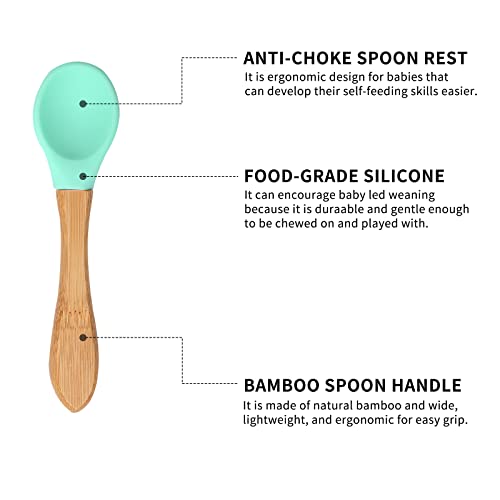 Baby Bamboo Suction Plate, Bowl and Spoon set - Wooden Feeding Set for Toddler 1-3 Year Old - Silicone Suction Sticks to Most High Chairs for Non Slip & Silicone Spoon Tips with Wood Handle - BPA Free