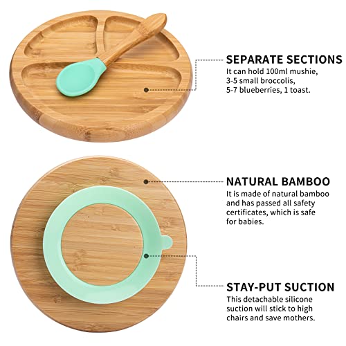 Baby Bamboo Suction Plate, Bowl and Spoon set - Wooden Feeding Set for Toddler 1-3 Year Old - Silicone Suction Sticks to Most High Chairs for Non Slip & Silicone Spoon Tips with Wood Handle - BPA Free