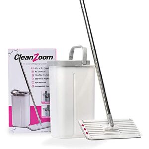 cleanzoom flat floor mop and bucket set, hands free home floor cleaning system, stainless-steel handle, washable & reusable microfiber mop pad, wet and dry use, wall window kitchen cleaner