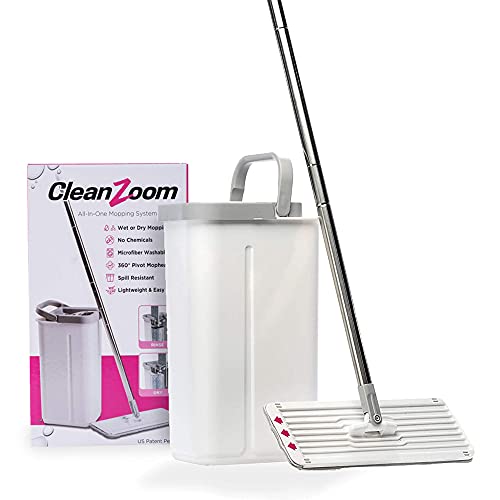 CleanZoom Flat Floor Mop and Bucket Set, Hands Free Home Floor Cleaning System, Stainless-Steel Handle, Washable & Reusable Microfiber Mop Pad, Wet and Dry Use, Wall Window Kitchen Cleaner