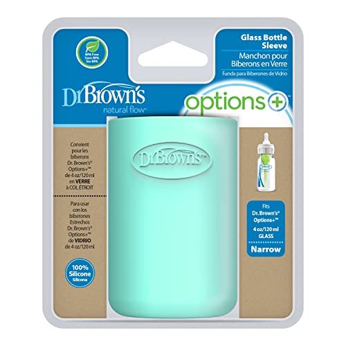 Dr. Brown’s Natural Flow Options+ Glass Baby Bottle Sleeves, 100% Silicone, 4 oz, Narrow, Mint