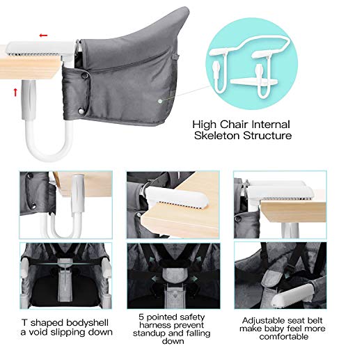 Foho Hook On Chair, Clip on Table High Load Design Fold Flat Storage Attachable High Chair with Storage Bag, Safe Fast Table Chair for Babies and Toddlers (Grey)