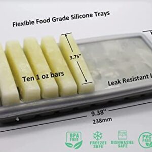 Breast Milk Freezer Storage Trays, 10-1oz Bars, 2 Silicone Tray Containers w/Leak Resistant Lids, Food Grade Silicone (Milk Trays)