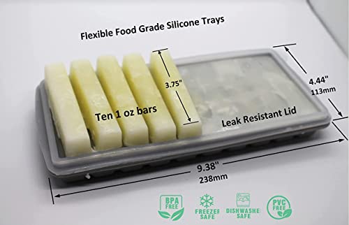 Breast Milk Freezer Storage Trays, 10-1oz Bars, 2 Silicone Tray Containers w/Leak Resistant Lids, Food Grade Silicone (Milk Trays)