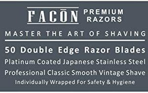 50 Facón Platinum Japanese Stainless Steel Double Edge Razor Blades for Safety Razor - Close Smooth Shaving Experience - 200+ Shaves