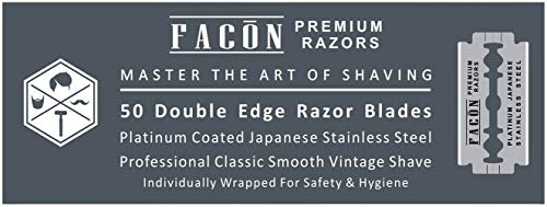 50 Facón Platinum Japanese Stainless Steel Double Edge Razor Blades for Safety Razor - Close Smooth Shaving Experience - 200+ Shaves