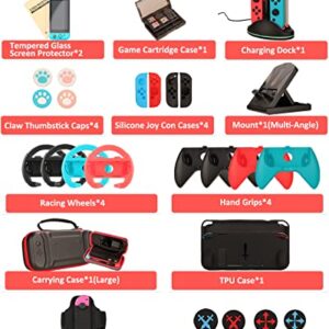 Switch Accessories - Family Bundle Accessories for Nintendo Switch, Carry Case& Screen Protector,4 Pack Joy Con Grips and Steering Wheels, Case Cover,Stand Mount,Joy Con Charger and More.