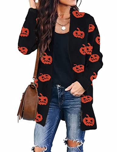 ZESICA Women's 2023 Fall Winter Long Sleeves Open Front Leopard Print Knitted Sweater Cardigan Coat Outwear,Pumpkin,Medium