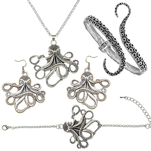 RechicGu Vintage Silver Octopus Jewelry Set Sea Creature Kraken Tentacle Necklace Earrings Bangle Anklet Bracelet Nature Pack Fisherman Fish Gift