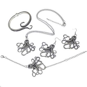 RechicGu Vintage Silver Octopus Jewelry Set Sea Creature Kraken Tentacle Necklace Earrings Bangle Anklet Bracelet Nature Pack Fisherman Fish Gift