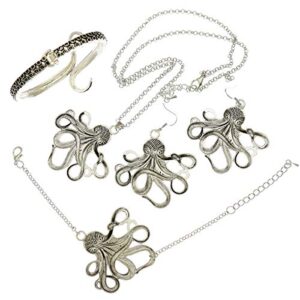 RechicGu Vintage Silver Octopus Jewelry Set Sea Creature Kraken Tentacle Necklace Earrings Bangle Anklet Bracelet Nature Pack Fisherman Fish Gift